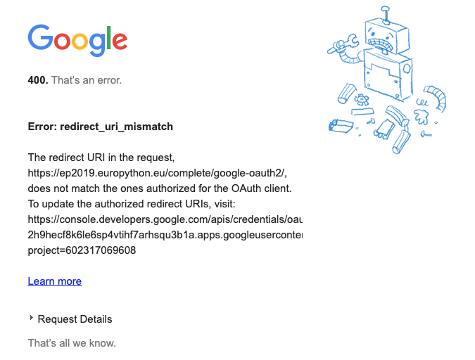 Cannot log in with Google · Issue #906 · EuroPython/epcon · GitHub