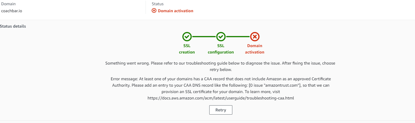 Domain Activation Error : At least one of your domains has a CAA record that does not include ...