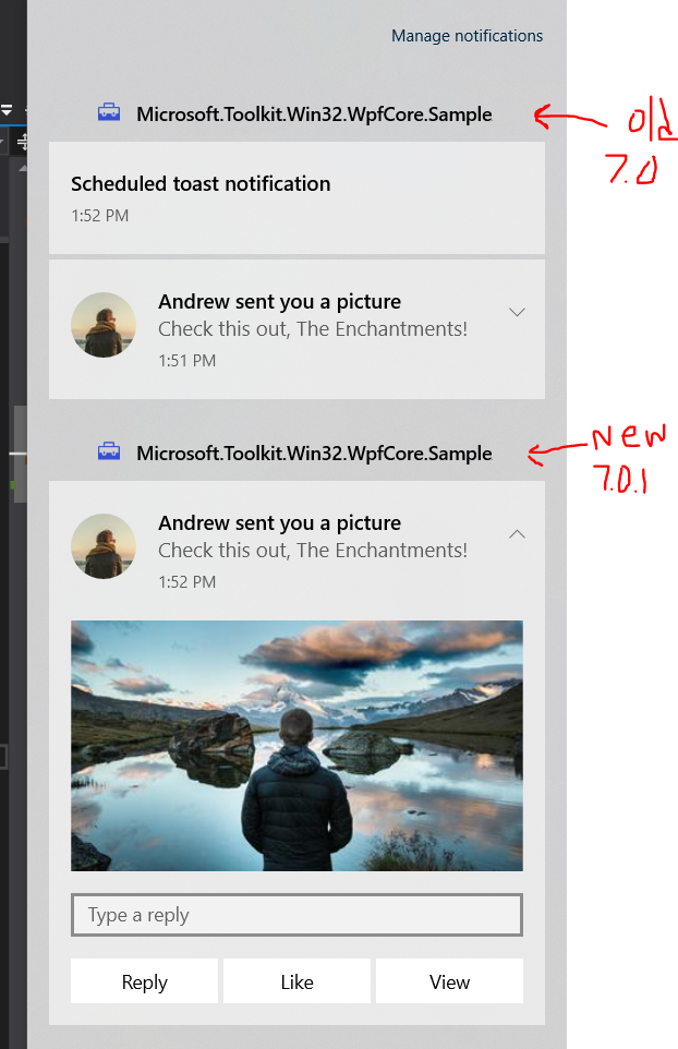 Toasts created from unpackaged apps with Microsoft.Toolkit.Uwp.Notifications are greyed out in ...