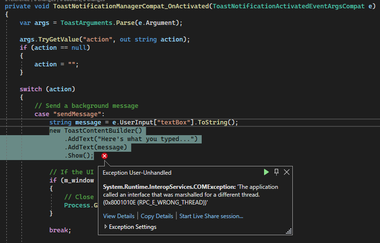 Toast OnActivated marshalled for a different thread exception in WinUI 3 app · Issue #4422 ...