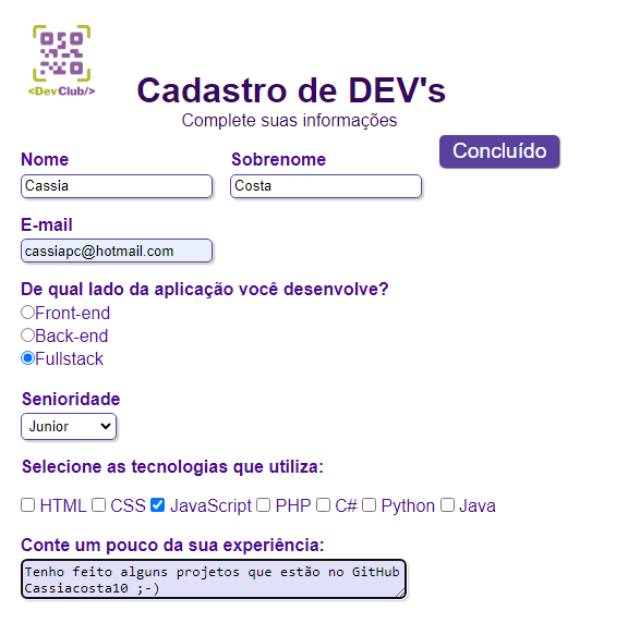 GitHub - Cassiacosta10/Formulario-DevClub