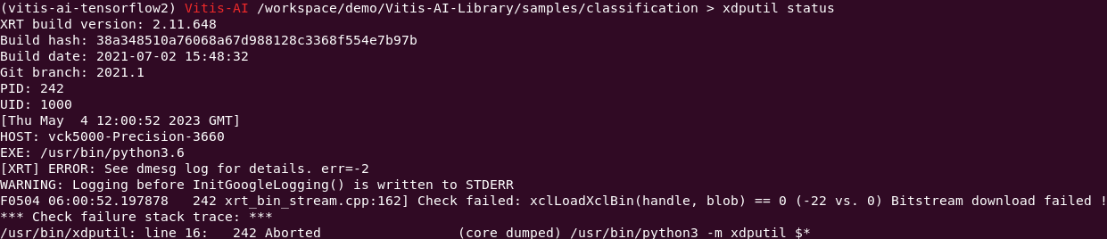 VCK5000 xdputil status is giving error · Issue #1232 · Xilinx/Vitis-AI · GitHub