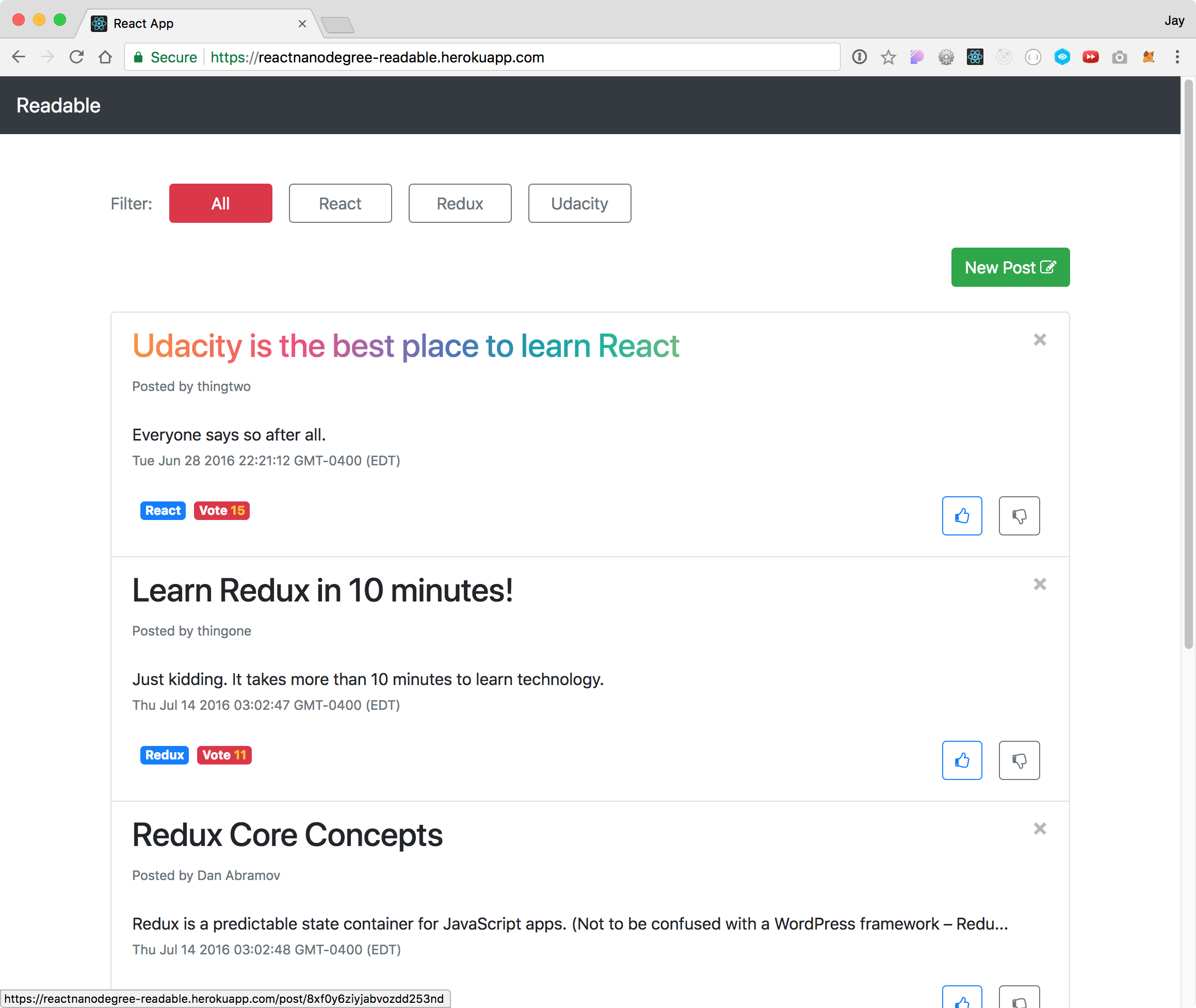 GitHub - jayjongcheolpark/readable: Readable is @udacity nano degree project. This app has posts ...