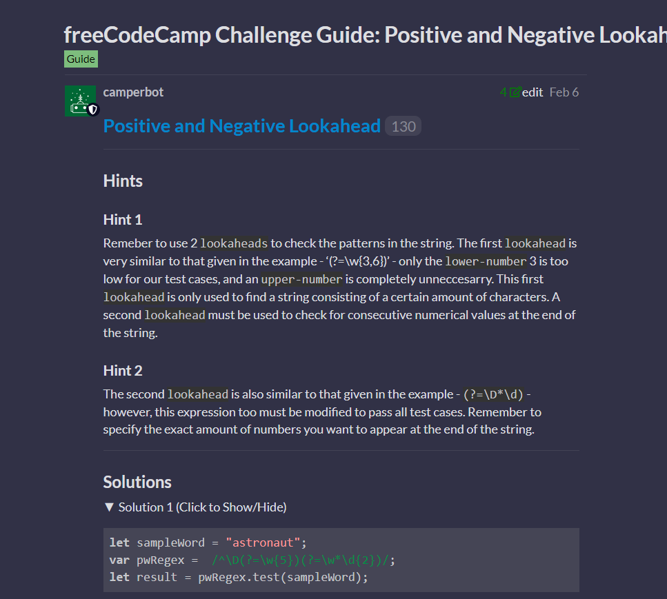 Regular Expressions: Positive and Negative Lookahead · Issue #39365 · freeCodeCamp/freeCodeCamp ...