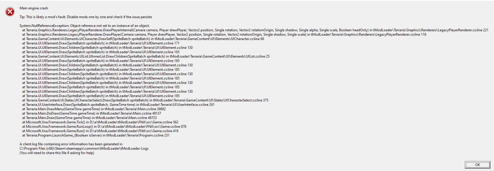Main Engine Crash · Issue 3459 · Tmodloader Tmodloader · Github