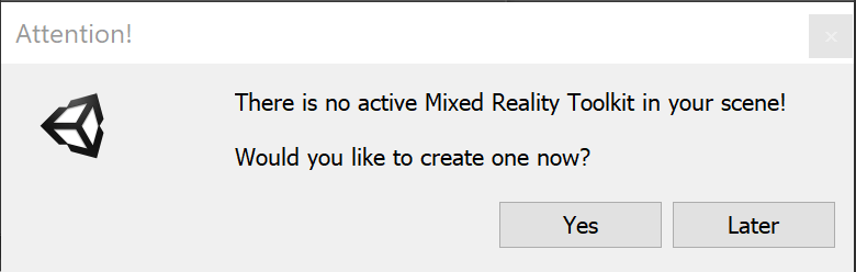 "Later" button on MixedRealityToolkit object missing dialog is non-functional · Issue #3526 ...