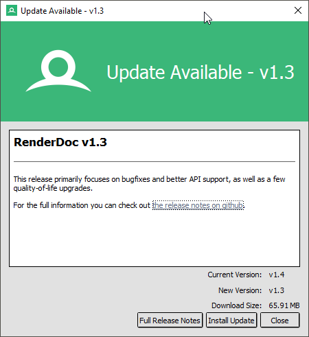 Update suggests older version · Issue #1368 · baldurk/renderdoc · GitHub