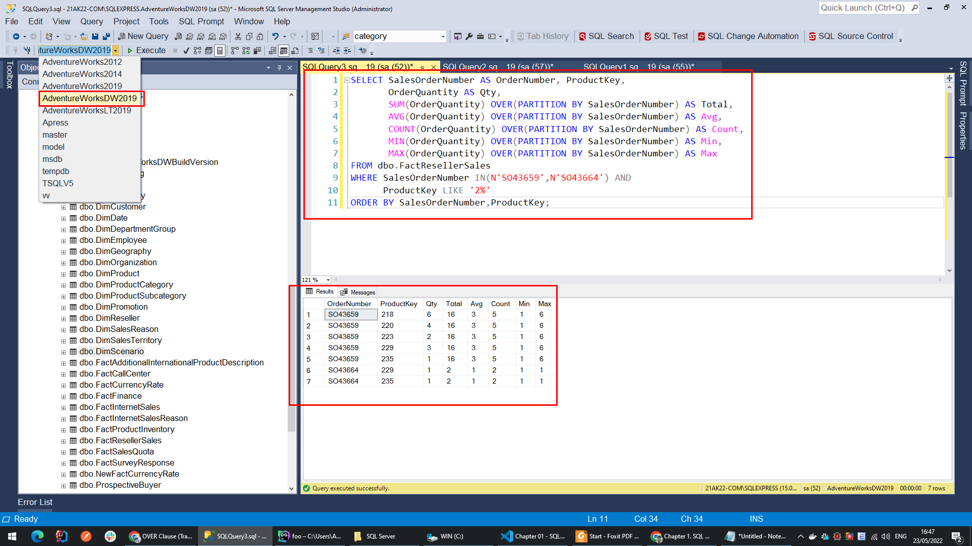 Content select-over-clause-transact-sql , Not AdventureWorks, should be AdventureWorksDW2019 ...