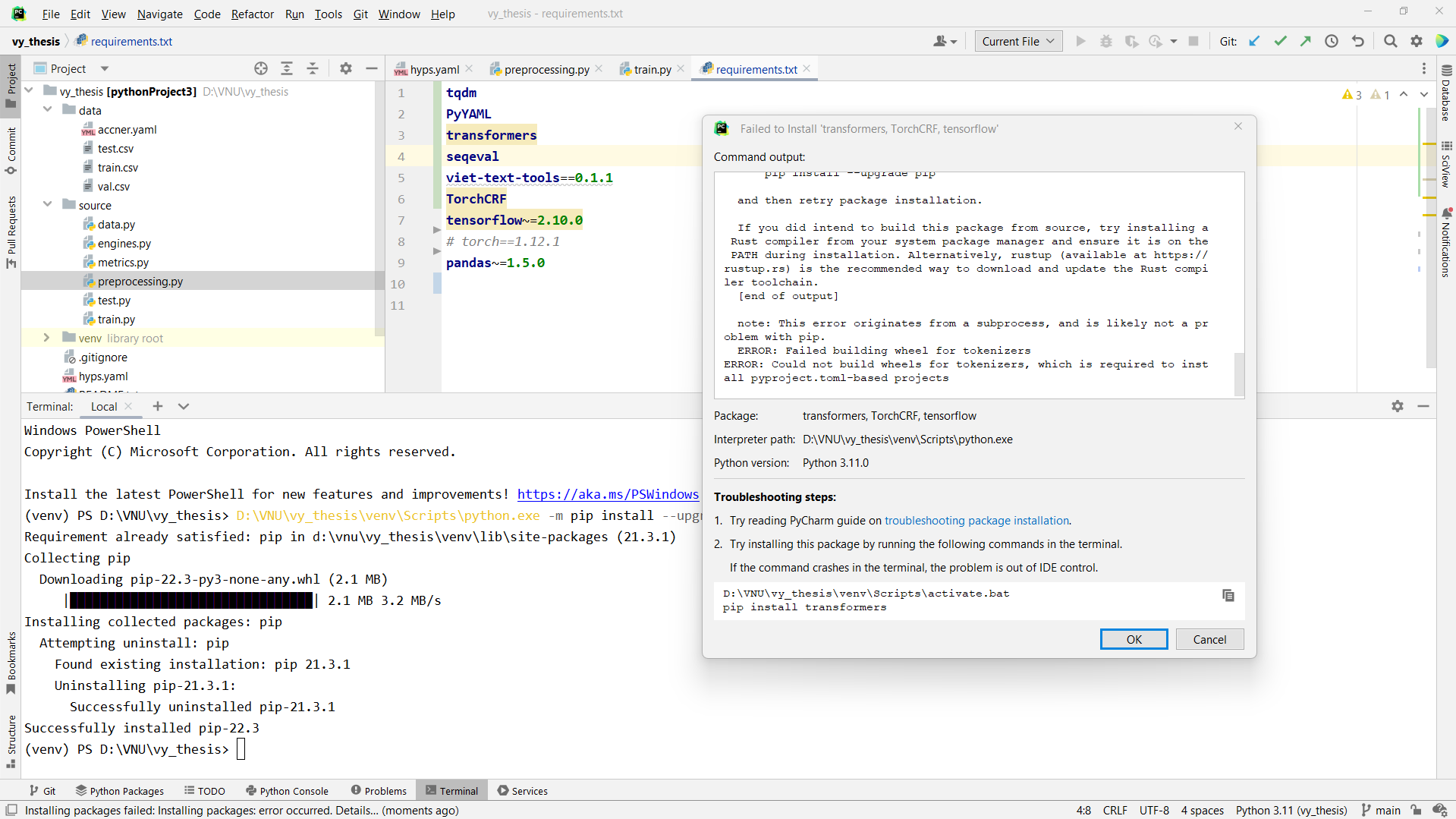 python - Package requirements 'tensorflow~=2.10.0', 'transformers~=4.22.1', 'TorchCRF~=1.1.0 ...