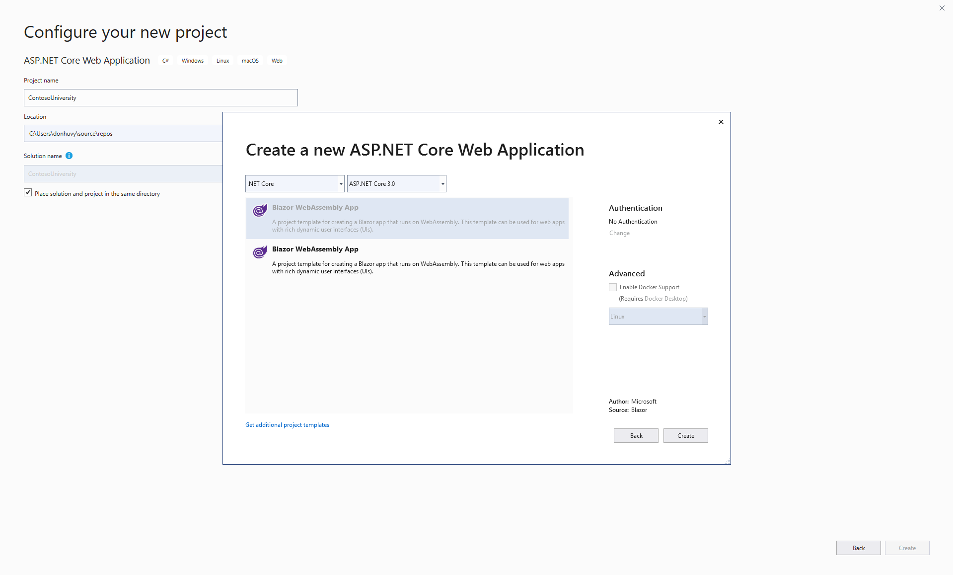 Visual studio 2019, choose .NET Core, choose 3.0 , don't see web application project template ...