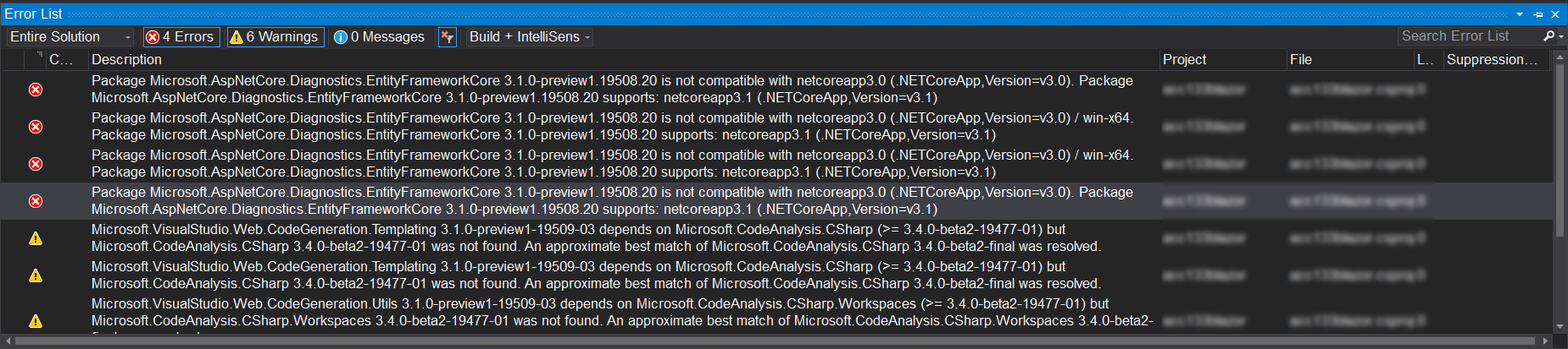 Package Microsoftaspnetcorediagnosticsentityframeworkcore 310 Preview11950820 Is Not