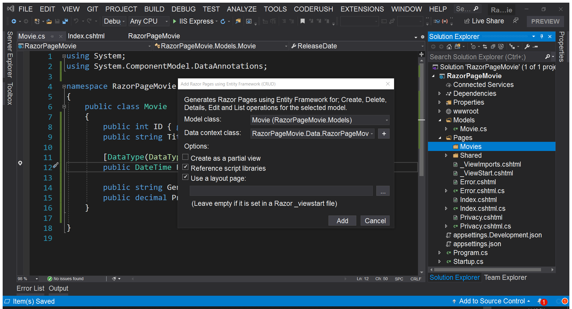 Error: There was an error running the selected code generator: 'Scaffolding does not support ...