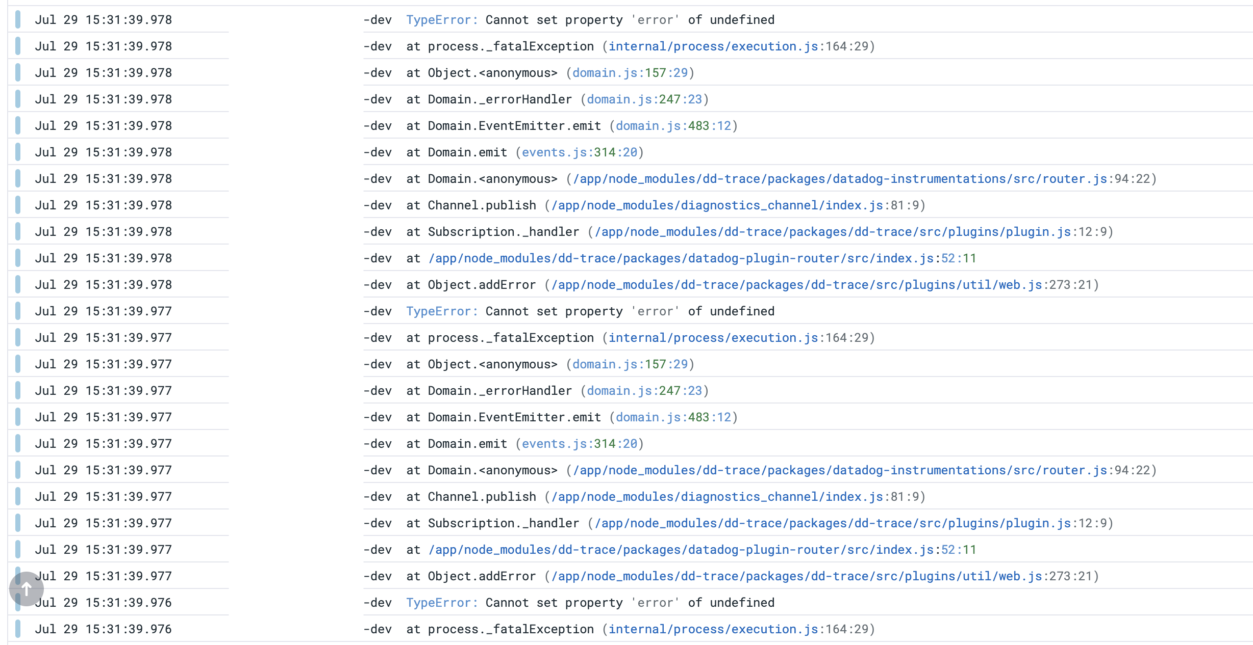 TypeError: Cannot set property 'error' of undefined · Issue #2235 · DataDog/dd-trace-js · GitHub
