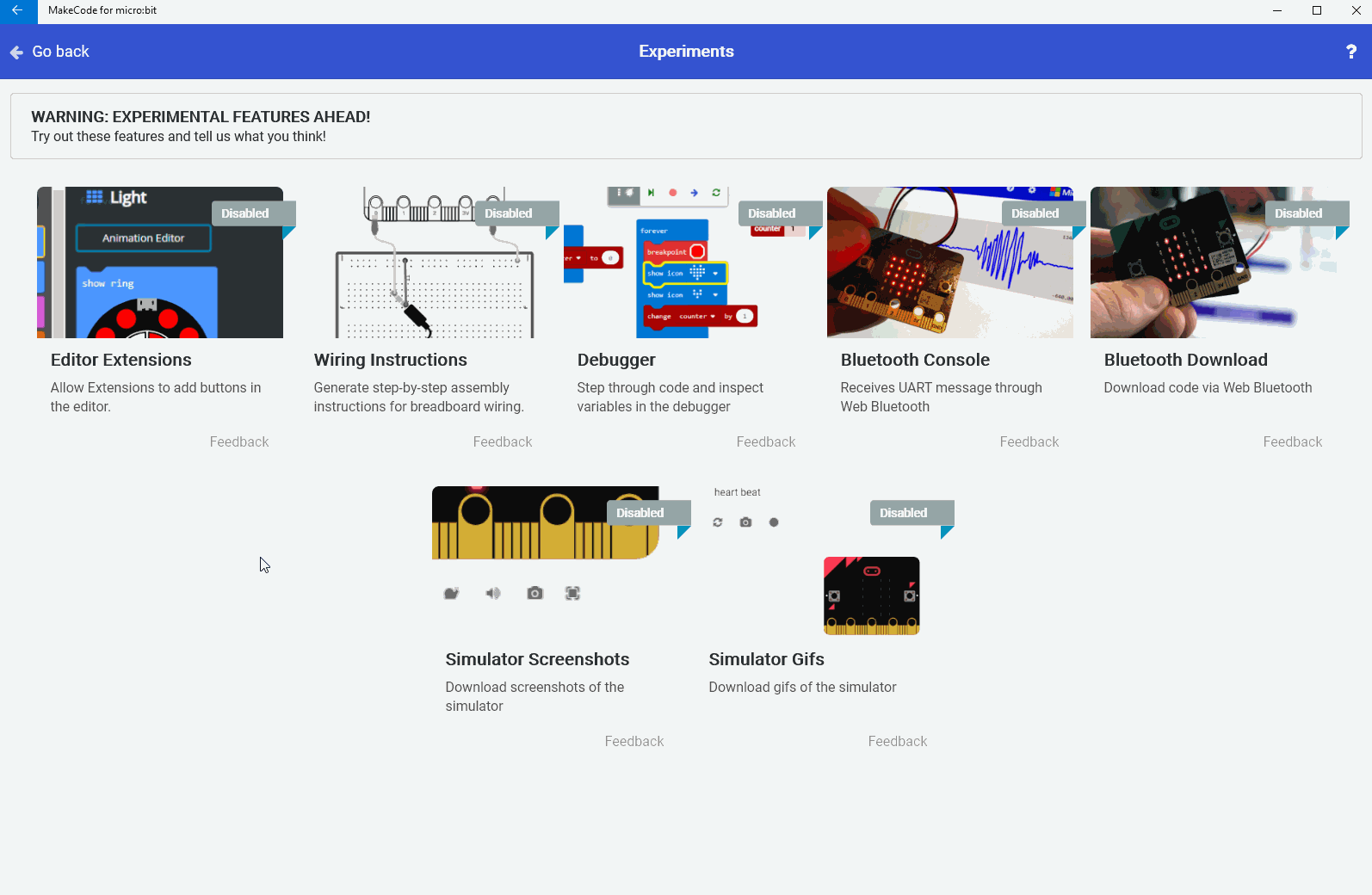 Experiments don't toggle correctly in Windows 10 App · Issue #1975 · microsoft/pxt-microbit · GitHub