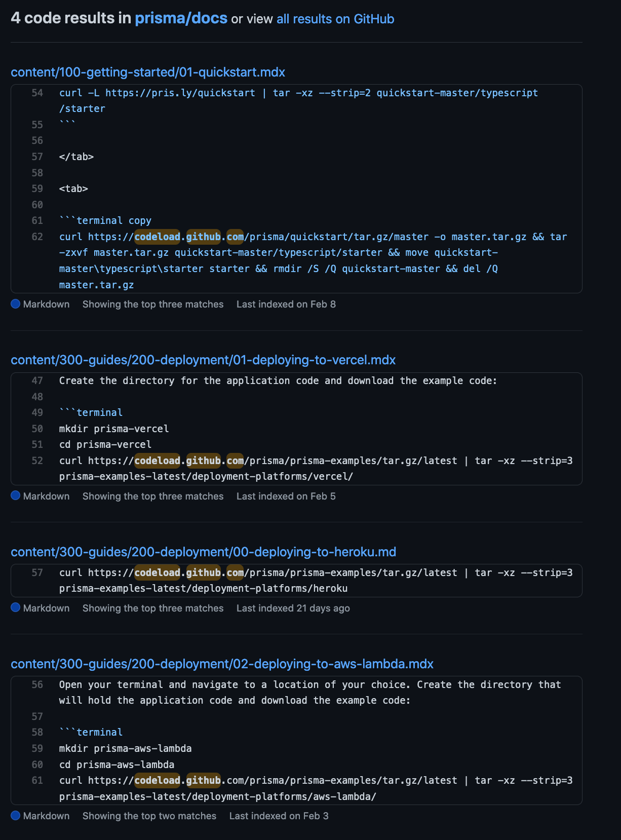 Replace `https://codeload.github.com/...` urls with `https://pris.ly ...