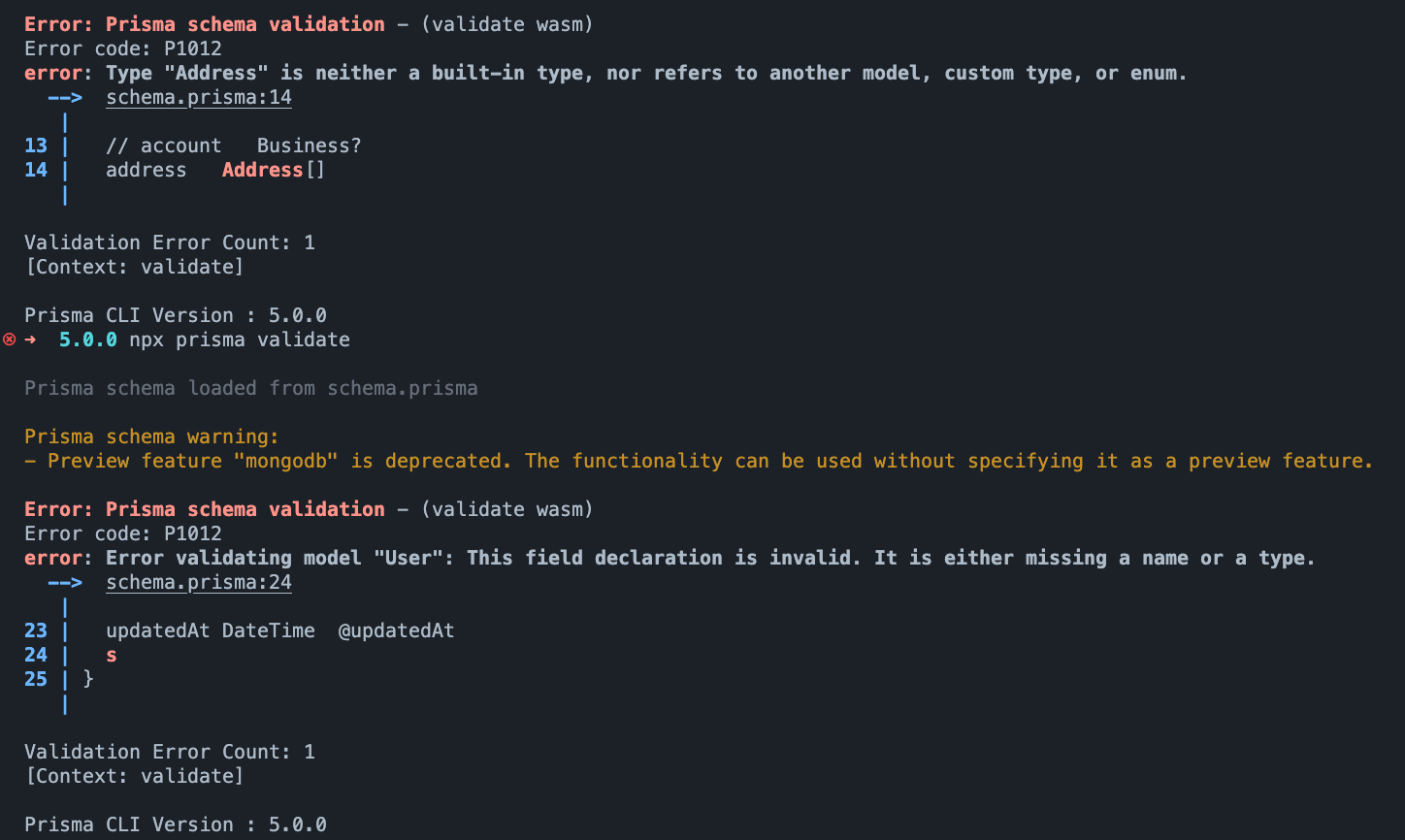 Prisma VS Code extension with mongodb provider crashes when a relation field/type is not defined ...