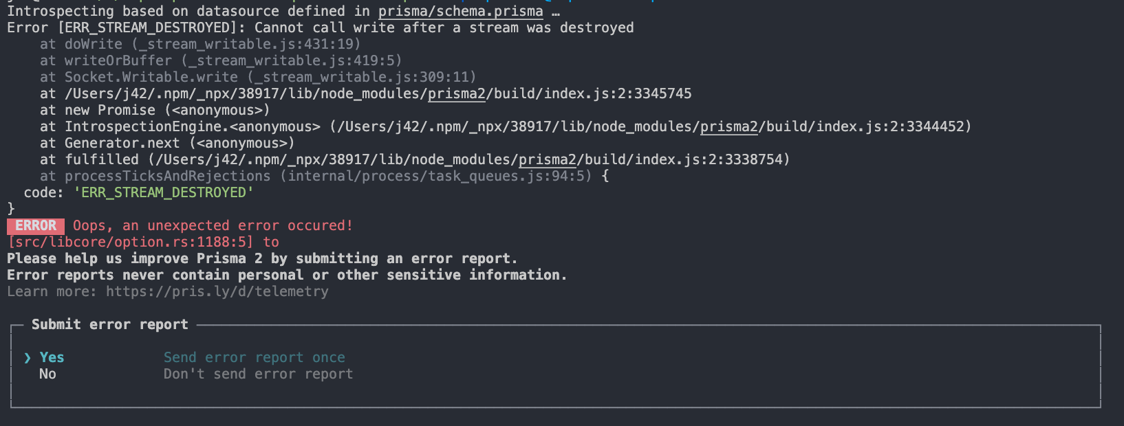 Better Handling Of Introspect Crash · Issue 1728 · Prismaprisma · Github