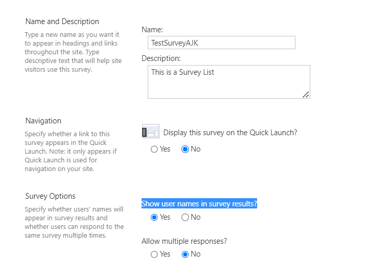 Create Sharepoint Survey List And Set The Property Show User Names In Survey Results No Pnp 