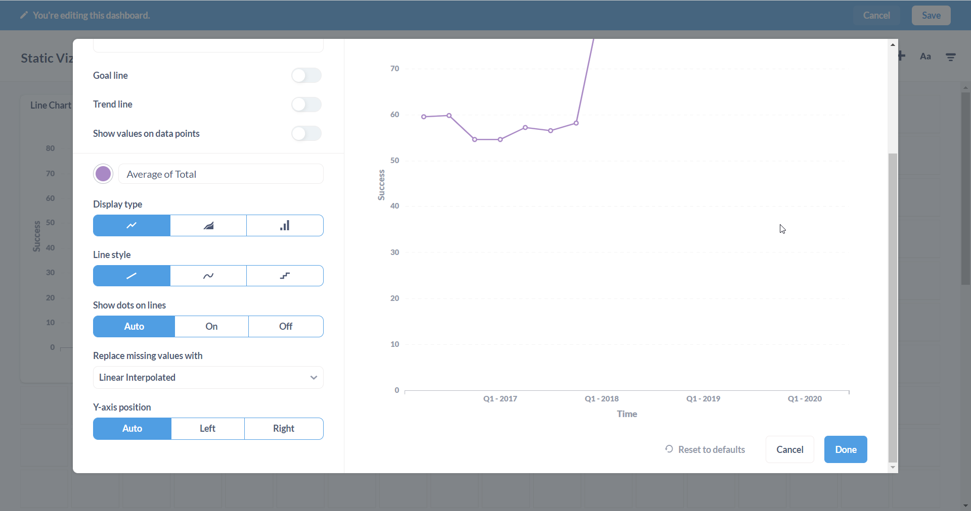 Clicking "Reset to defaults" in a dashcard viz removes all viz settings · Issue #26945 ...