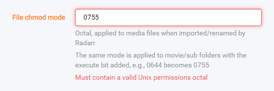 "Must contain a valid Unix permissions octal" when changing permissions · Issue #4968 · Radarr ...