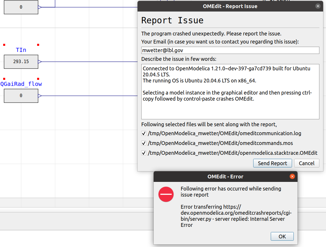 OMEdit crashes during copy-paste of graphical component (and error report crashes too) · Issue ...