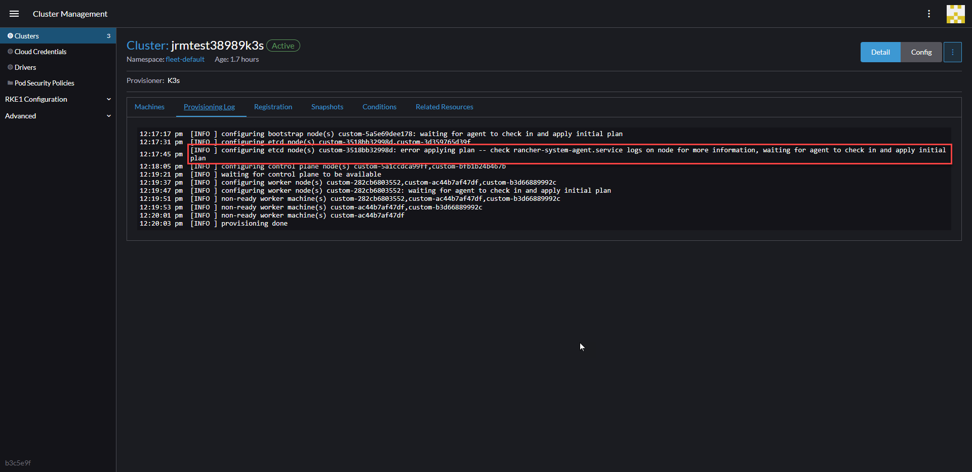 [BUG] Errors in k3s clusters during provisioning but cluster comes up Active · Issue #39109 ...