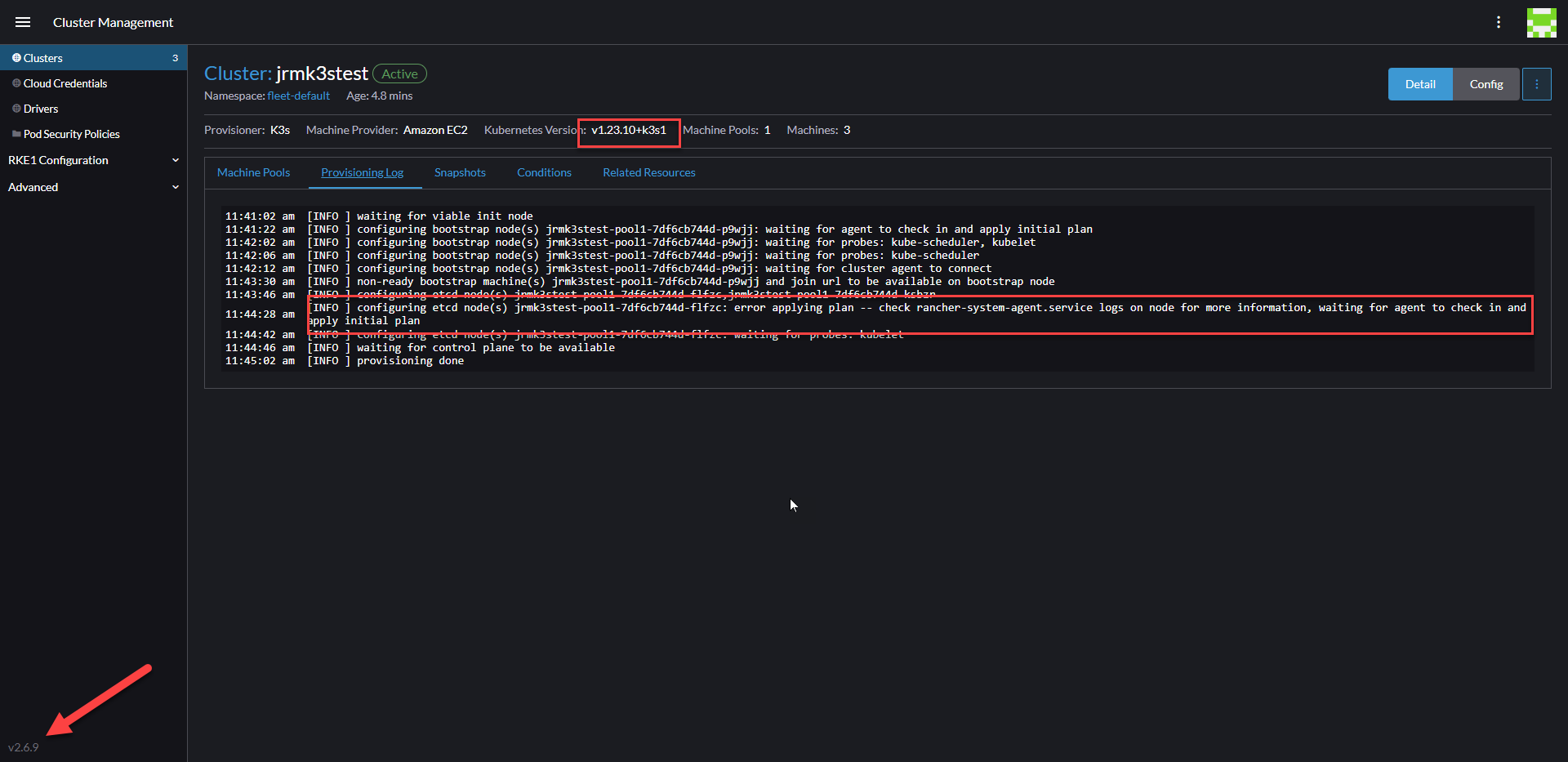 [BUG] Errors in k3s clusters during provisioning but cluster comes up Active · Issue #39109 ...