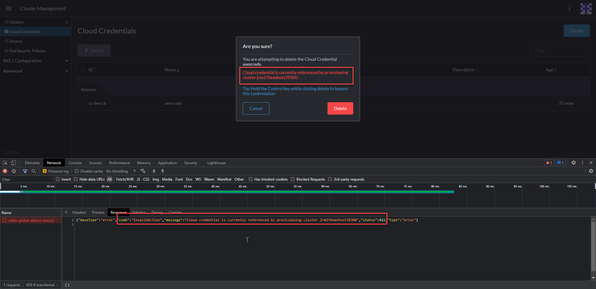 [BUG] Non-user friendly/inaccurate message when attempting to delete Cloud Credentials being ...