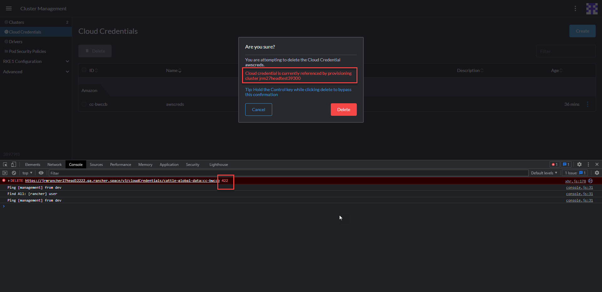 [BUG] Non-user friendly/inaccurate message when attempting to delete Cloud Credentials being ...
