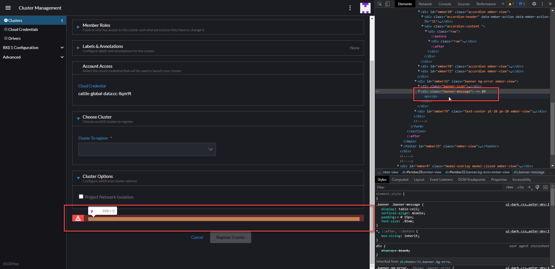 Empty Banner Message when attempting to Import AKS Cluster · Issue #7781 · rancher/dashboard ...