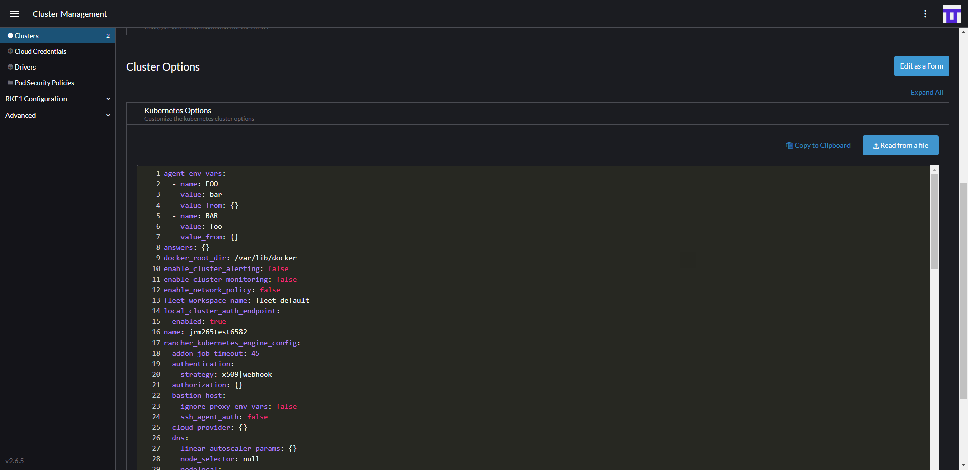 Using Edit Config -> Edit as YAML form for an RKE1 cluster with Agent Environment Variables ...