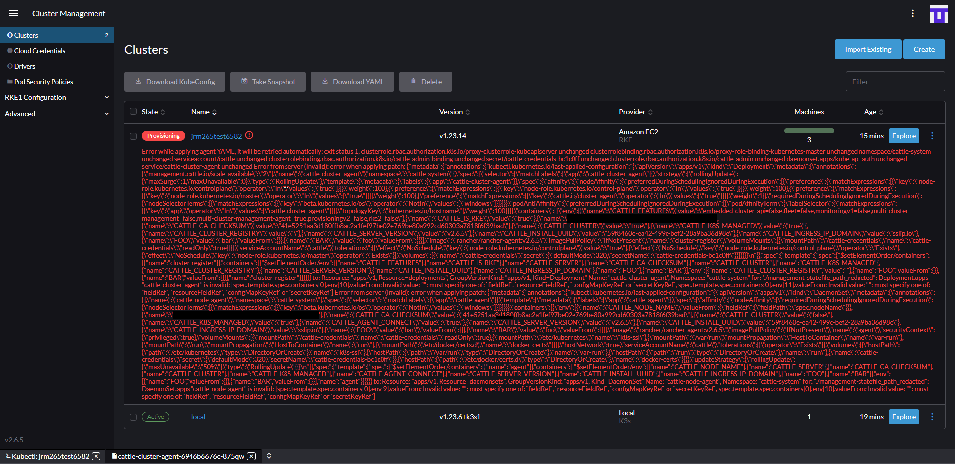 Using Edit Config -> Edit as YAML form for an RKE1 cluster with Agent Environment Variables ...