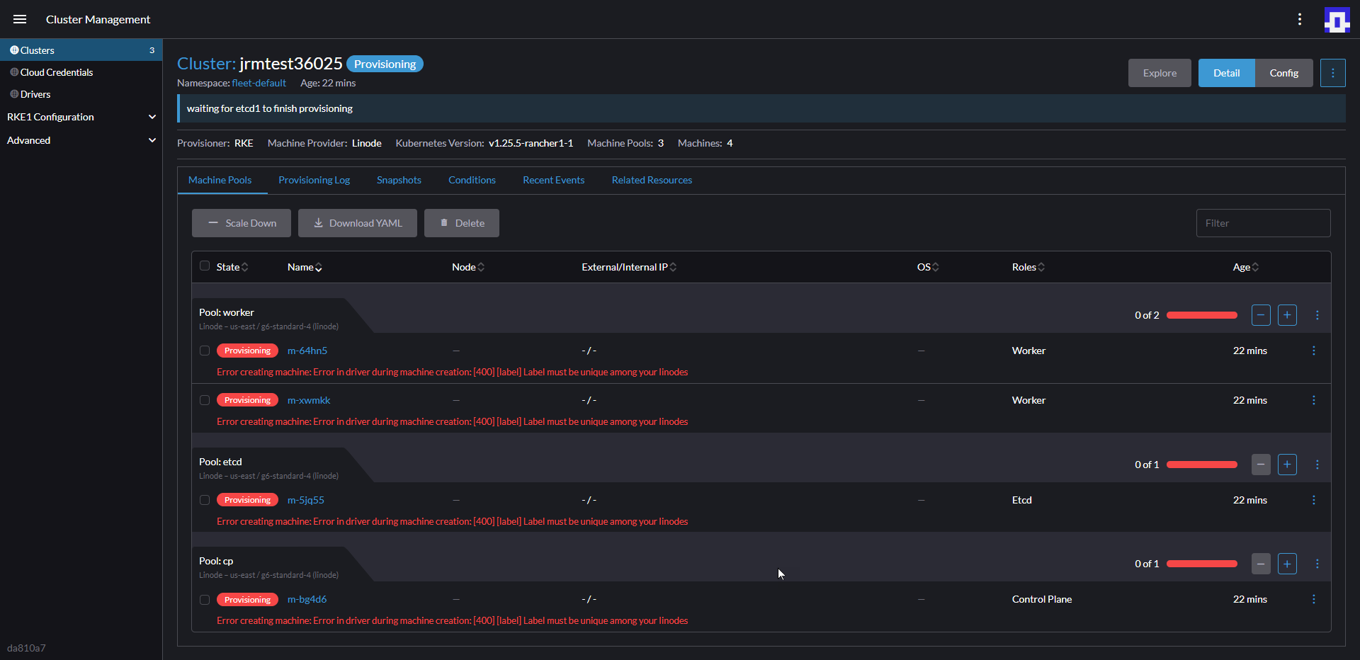Unable to provision RKE1 downstream cluster with multiple node pools on Linode · Issue #40139 ...