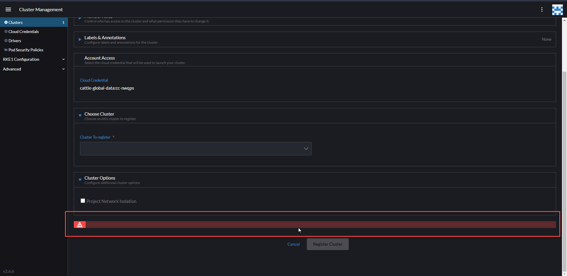 Empty Banner Message when attempting to Import AKS Cluster · Issue #7781 · rancher/dashboard ...