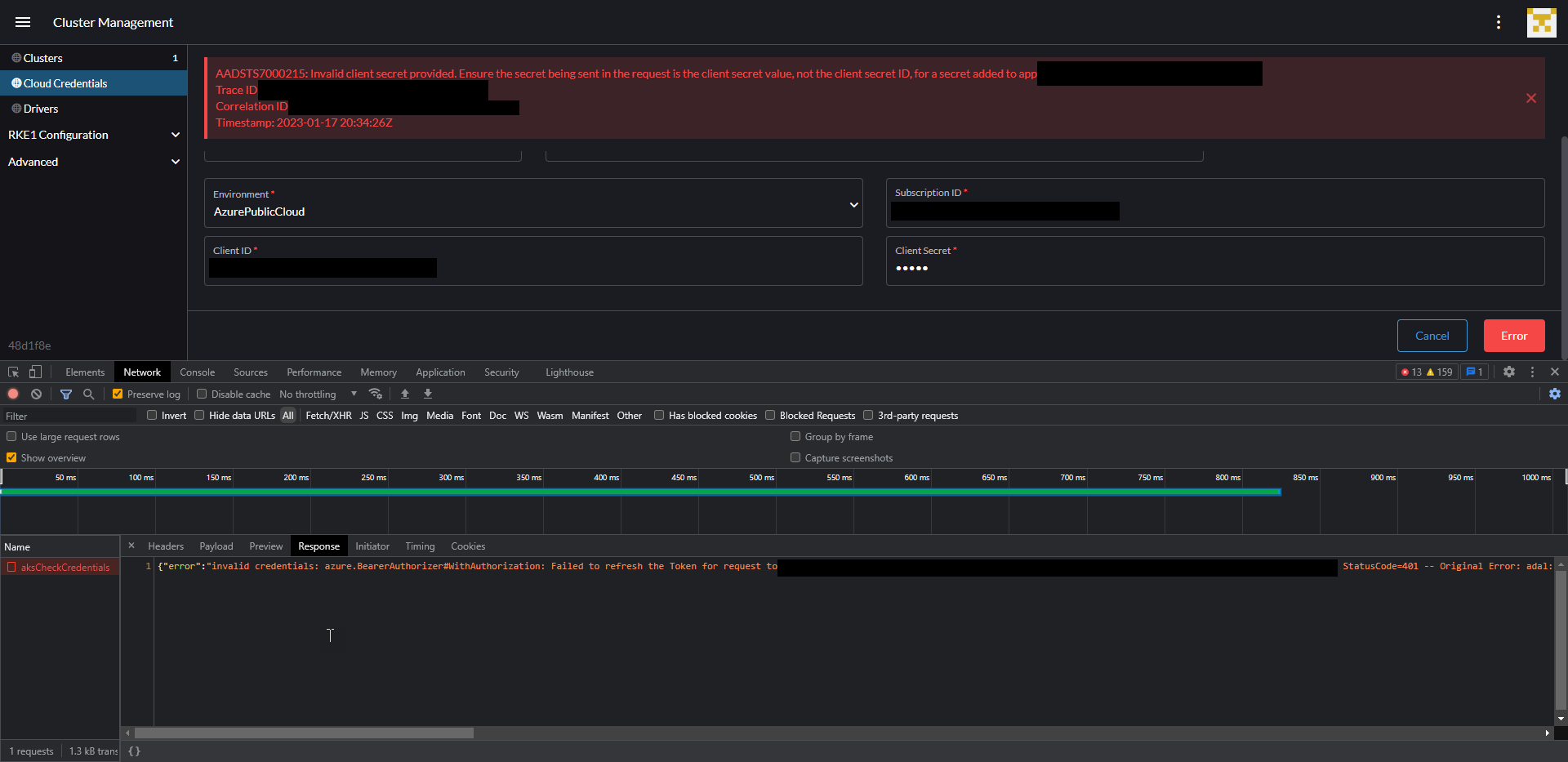 Error message from Azure Credential creation is not shown to user · Issue #7909 · rancher ...