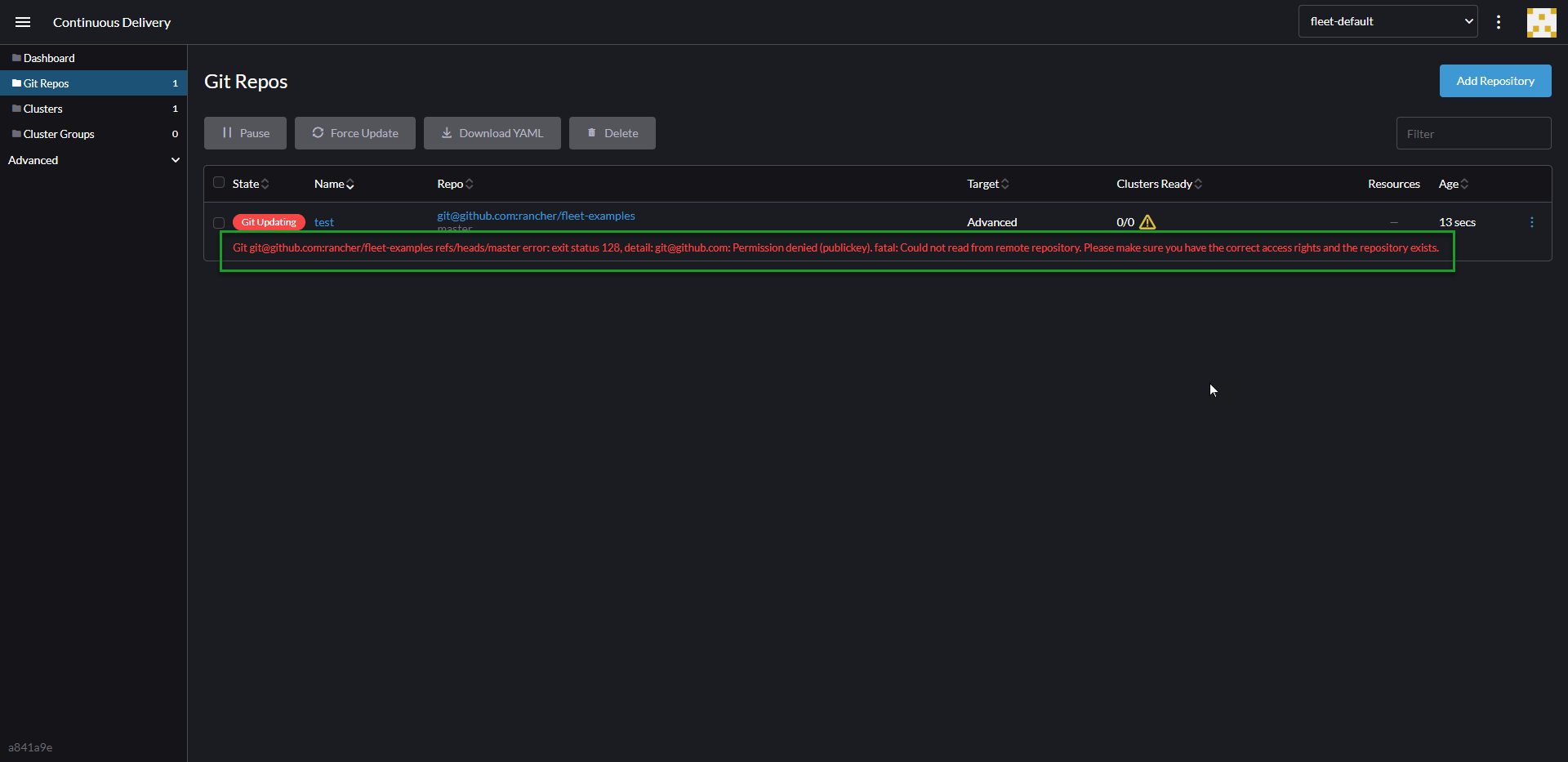 Setup error for a Fleet gitrepo are not propagated to UI · Issue #8187 · rancher/dashboard · GitHub