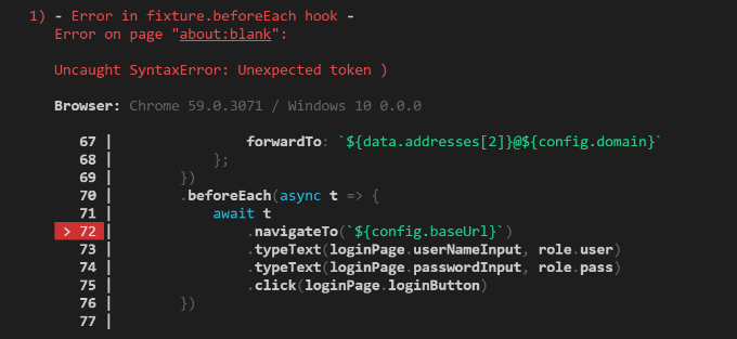 Syntaxerror Unexpected Token While Running Test · Issue 1448 · Devexpresstestcafe · Github