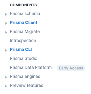 In left panel, "Prisma CLI" is highlighted when reading "Prisma Client" docs · Issue #2494 ...