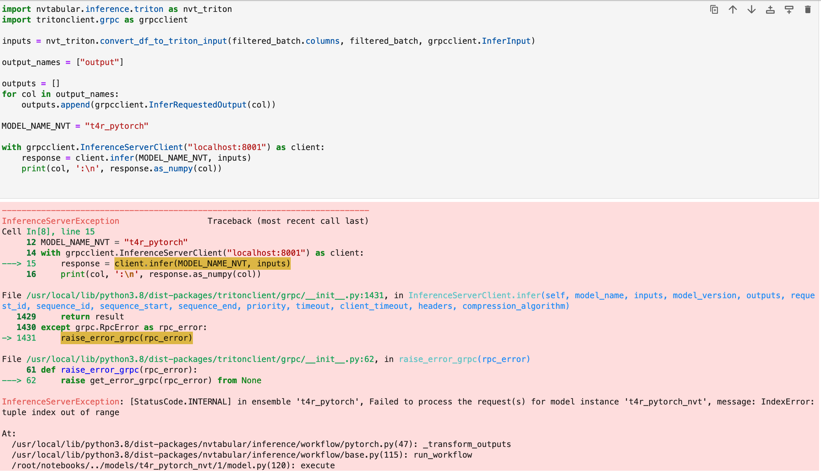 [QST] InferenceServerException: IndexError: tuple index out of range · Issue #597 · NVIDIA ...