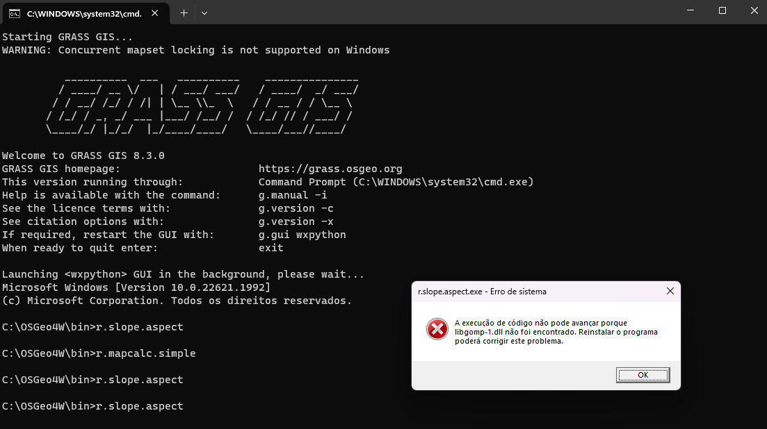 [Bug] r.slope.aspect does not open in GRASS 8.3 from OSGeo4W · Issue #3093 · OSGeo/grass · GitHub