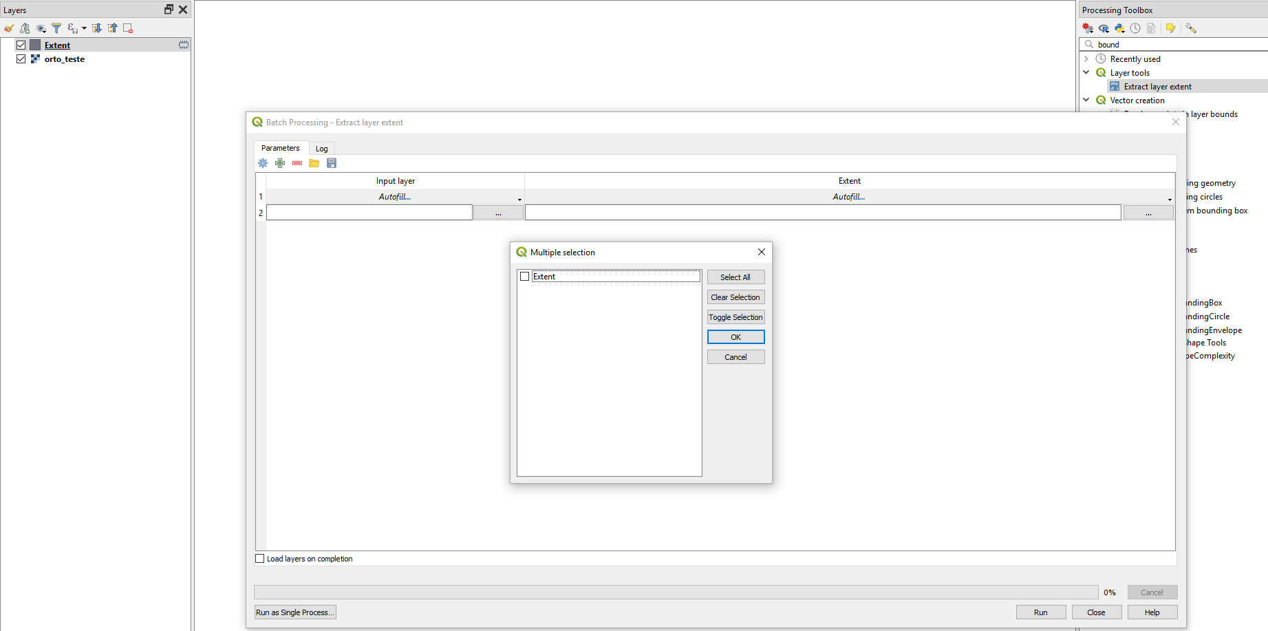 Processing Extract Layer Extent As Batch Process Does Not Recognize Open Raster Layers