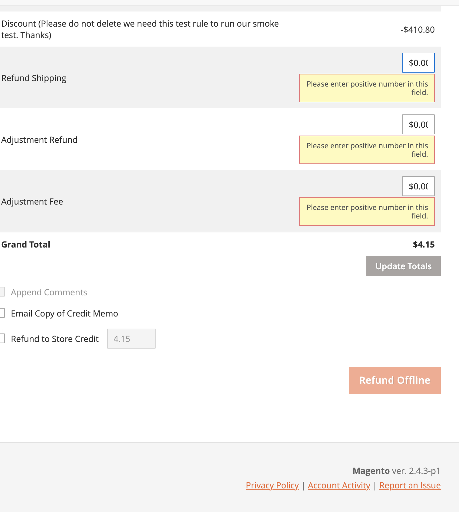 Unable to create credit note, "Please enter positive number in this field." validation error for ...