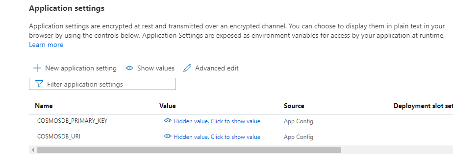 ASP.NET + AppService + CosmosDB (SQL): settings keys differ between Azure App Service ...
