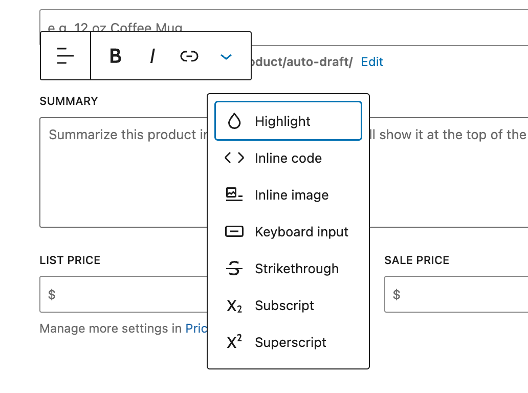Product Block Editor: Summary field remove 'inline image' and 'keyboard ...