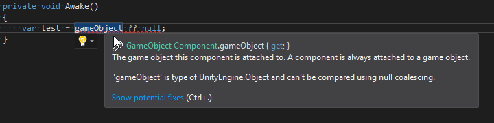 Add Error when using Null Coalescence with classes inheriting from UnityEngine.Object · Issue ...