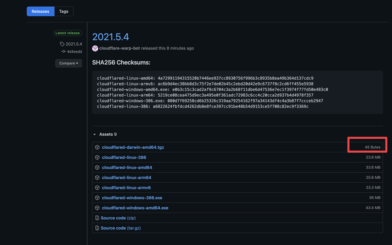 Non-existent release 2021.5.2 in cloudflared Homebrew formula results in brew "RuntimeError ...