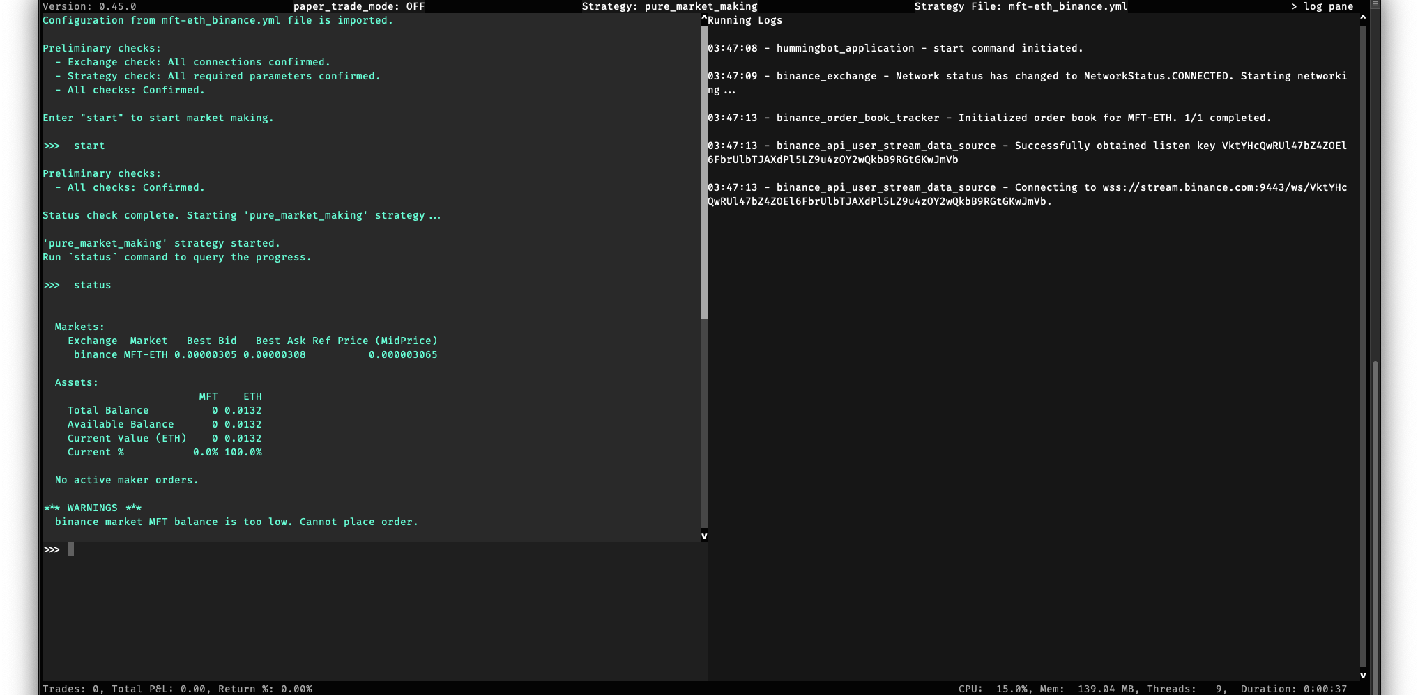 MFT-ETH campaign on Binance not placing orders · Issue #4781 · hummingbot/hummingbot · GitHub