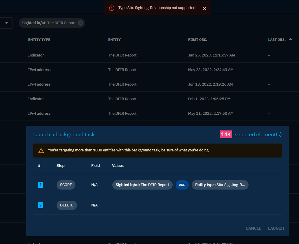 Massive operation on sightings is not working · Issue #4739 · OpenCTI ...