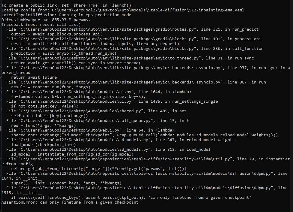 [Bug]: AssertionError: can only finetune from a given checkpoint. (512-inpainting-ema.ckpt ...