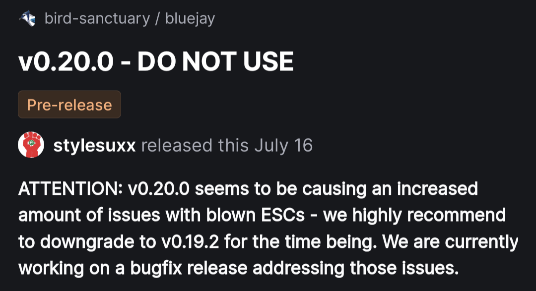 2 failed ESCs on bluejay 0.20.0 · Issue #146 · bird-sanctuary/bluejay · GitHub